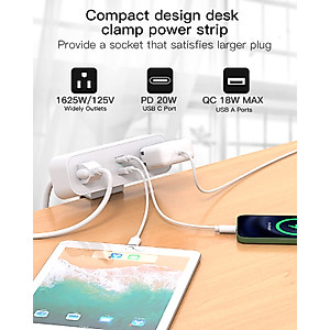 Desk Clamp Power Strip 10ft Flat Plug Extension Cord with USB C, 2 Outlets, Surge Protector USB C (PD 20W), USB A(QC 18W) Fast Charging Ports,Table Outlets for Home, Office