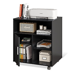 DEVAISE Mobile Printer Stand with Adjustable Shelf, Rolling Wood Storage Cabinet on Wheels, Black