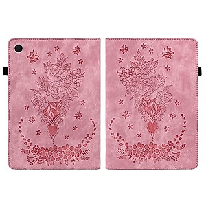 Ammeer Case for Samsung Galaxy Tab A8 10.5", Retro Rose Flower Pattern Flip Smart Cover Wallet PU Leather Bag Stand Card Slots Holder Elastic Band - Pink