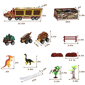 Dinoaur Toy Truck for Kids Dinosaur Toy Transport car Set 1 Large Dino Carrier Truck 3 Small Pull Back Cars and 12 Dinosaur Toy Set for Toys and Birthday Gifts for Boys girlss (Brown), DINO-28set