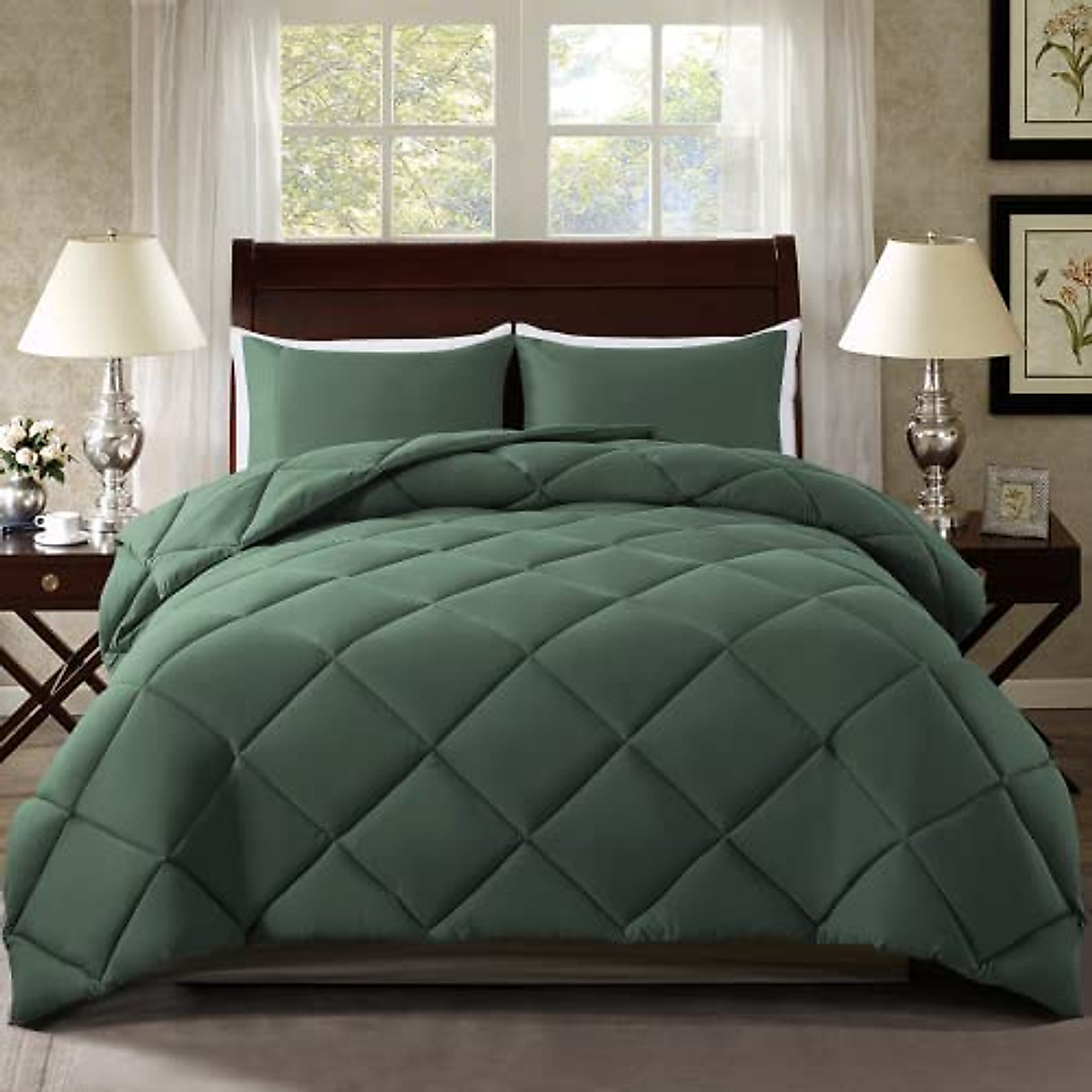 ELNIDO QUEEN Queen Comforter Set - Green All Seasons Bedding Comforters & Sets with 2 Pillow Cases - 3 Pieces Bed Set - Down Alternative Comforter Set- Bedding Comforter Sets Queen Size (88x92 inch)