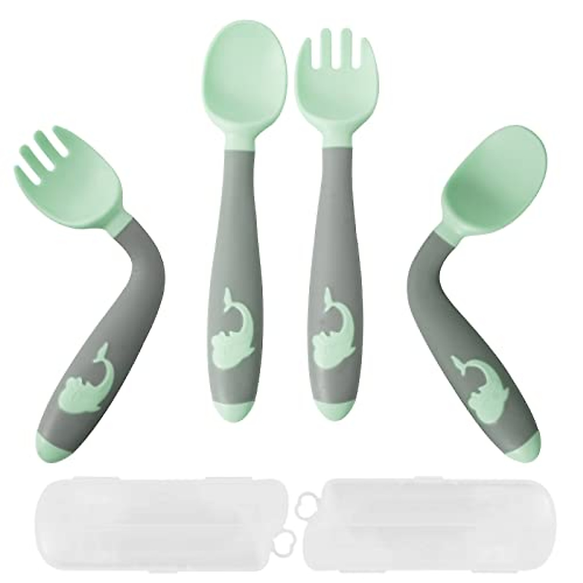 Baby Utensils Spoons Forks Sets with Travel Safe Case, Easy Grip Heat Resistant Bendable BPA Free Toddler Feeding Training Utensils Sets (2Pack,Green)