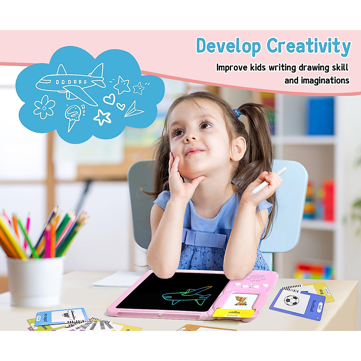 Rylai Toddler Toys Drawing Tablet with Talking Flash Card, Drop Resistant LCD Writing Tablet,510 Sight Words Pocket Speech Audible Flashcards, Learning & Education Toys for 2,3,4,5,6 Years Old Pink
