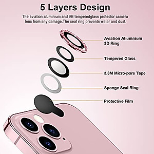 LOVE 3000 Compatible with iPhone 13 Pro/iPhone 13 Pro Max Camera Lens Protector Bling Glitter Diamond HD Tempered Glass Cute Camera Cover Protective Metal Individual Ring for Women Girls - Pink Glitter