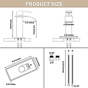 Qomolangma Black Waterfall Spout Bathroom Faucet, Single Handle Bathroom Vanity Sink Faucets, Rv Lavatory Vessel Faucet Suitable for 1 or 3 Holes with 6 Inch Deck Plate & Hose Matte Black