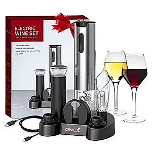 GenieX Electric Wine Opener with charging base, Automatic Wine Opener Electric Corkscrew. 7-in-1 wine accessories, USB-C charging, Cool Kitchen Gadgets, Deluxe gifts for wine lovers, housewarming gift