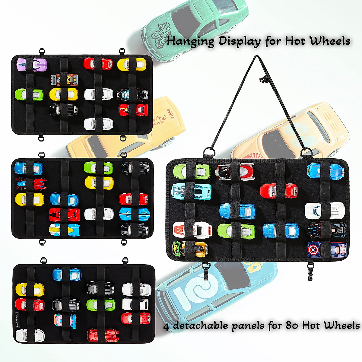 HUHYNN Hanging Display Case Compatible with 80 Hot Wheels Matchbox Cars,Toy Cars Storage with 4 Detachable Panels for Hot Wheels Storage Organizer (80 Slots-Black)
