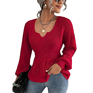 Veatzaer Womens V Neck Sweaters Fall Trendy Casual Long Lantern Sleeve Ribbed Knit Pullover Sweater Tops Red