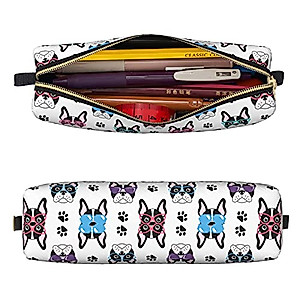 French Bulldog Dog Paw Leather Pencil Case Bag with Zipper Women Makeup Bag Durable Portable Suitable for School Work and Office 8.3 x 2.2 In