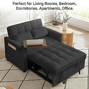 Rovibek 3 in 1 Convertible Sleeper Sofa Bed Pull Out Couch Futon Loveseat Velvet Chaise Lounge with 2 Pockets and 2 Pillows for Living Room, Black