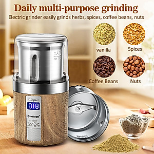 COOL KNIGHT Herb Grinder, Spice Grinder, Electric Grinder with Timer, 304 Stainless Steel Blades and Removable Stainless Steel Bowl, Large Capacity for Quick Grinding of Spices,Herbs,Coffee Beans,etc