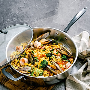 GRANDTIES Tri-Ply Stainless Steel Saute pan Induction Cookware – 5 QT 12 Inch Capsule Bottom Stainless Steel Pan, Marquina Black Metal Handle Kitchen Cooking Pan with Lid, Dishwasher Safe Pot & Pan