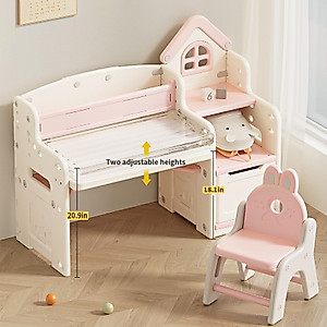 UNICOO Kids 3 in 1 Multifunctional Desk, Kids Activity Table, Children Height Adjustable Learning Desk, Toddler Drawing Table Art Table with Chair Set (QB-002-P Pink)