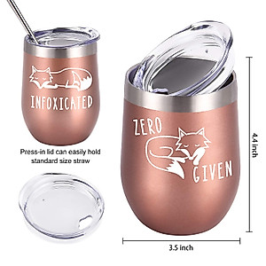 GINGPROUS The Fox Series Wine Tumbler Set, Set of 4, Infoxicated, Zero Fox Given, Oh for Fox Sake, Don't Fox with Me Wine Tumbler for Friends Mom Dad Wife Husband Family Grandma, 12 Oz, Rose Gold