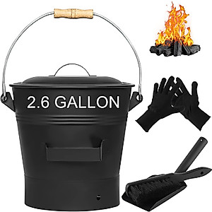 Fireplace Ash Bucket with Lid Shovel, Hand Broom and Gloves, 2.6 Gallon Charcoal Wood Fire Pits Burning Stoves, Coal/Large Pellet Metal Buckets/Hot Wood Carrier Pail Fire Pits Ash Can Cleaning Tools