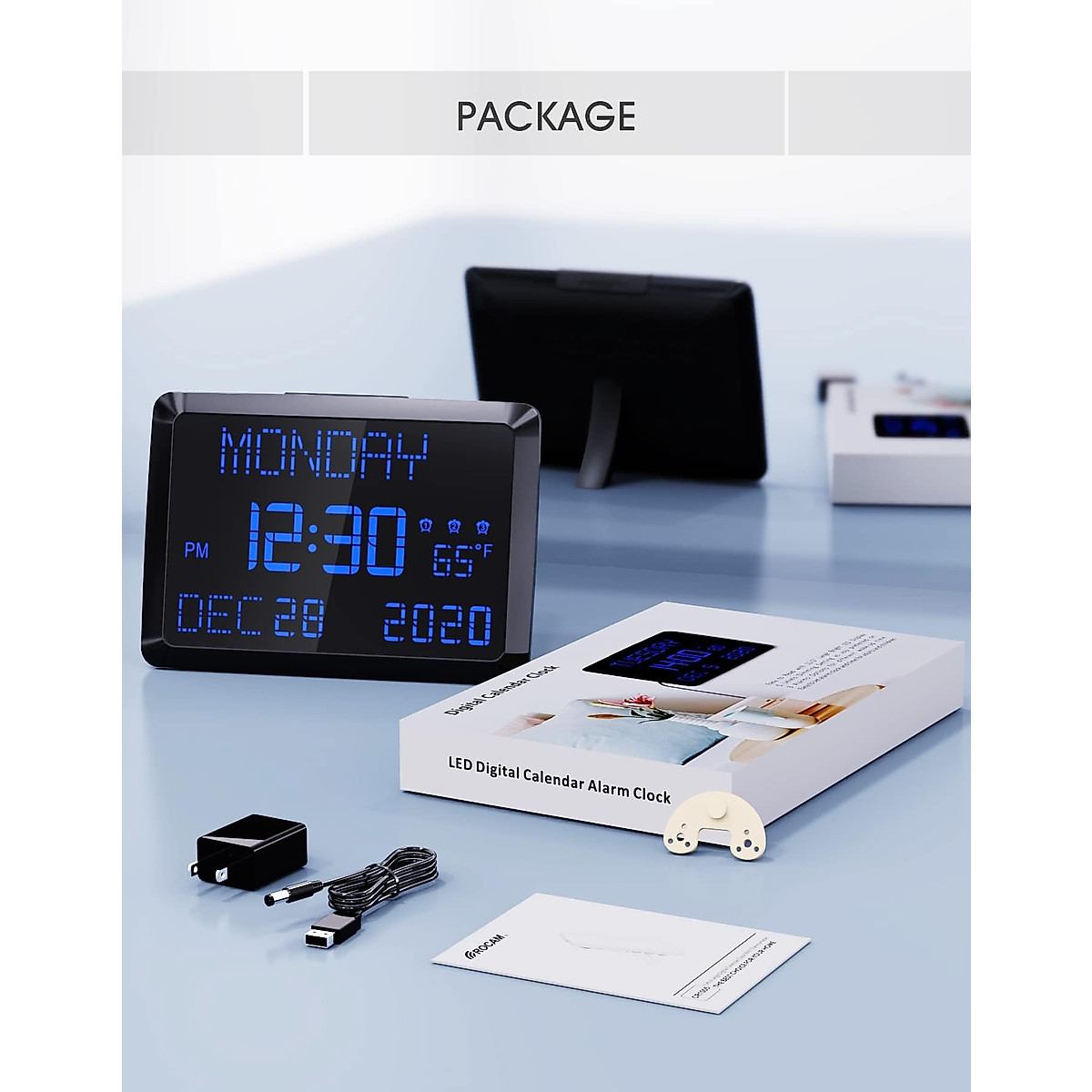 Digital Wall Clock, 11.5" Extra Large Display Calendar Alarm Day Clock with Date and of Week, Temperature,2 USB Chargers,3 Alarms, 5 Dimmer& 12/24Hr LED Desk for Office, Living Room, Bedroom, Elderly