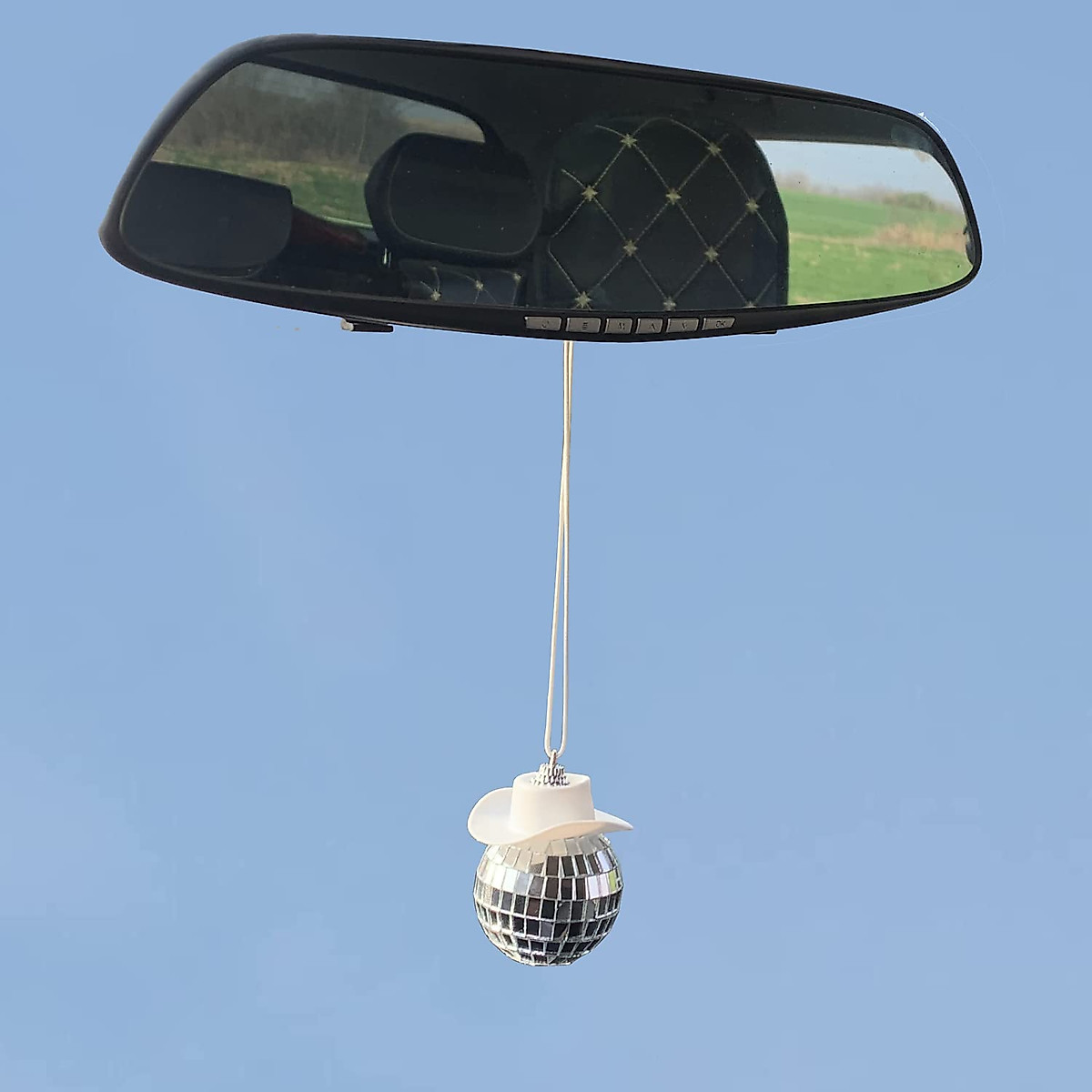 Disco Ball Car Rearview Mirror Pendant Car Hanging Mirror Ornament with Pink Cowboy Hat,Bling Wild West Disco Ball Car Accesory (White)