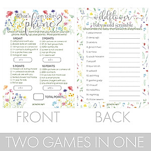 Little Wildflower Girl Baby Shower Party Games - What's On Your Phone and Word Scramble (2 Game Bundle) - 20 Dual Sided Cards - Baby in Bloom Party Supplies