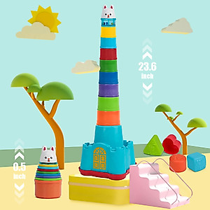 OWNONE 1 Baby Stacking Cups, Nesting Cups for Toddlers 1-3, 15Pcs Colorful Building Cups for Infants