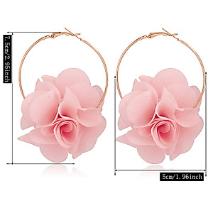 DAMLENG Lightweight Bohemian Big Fabric Flowers Dangle Drop Earrings Handmade Charm Chic Petal Hoop Earrings with Chiffon Floral Tassel for Women Vacation Wedding (Pink)