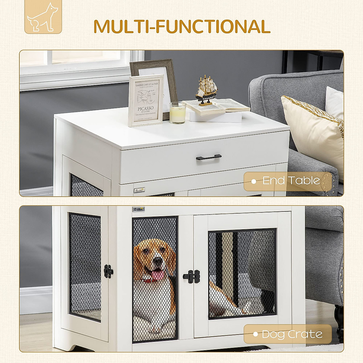PawHut Dog Crate Furniture with Soft Water-Resistant Cushion, Dog Kennel End Table with Drawer, Puppy Crate for Small Dogs Indoor with 2 Doors, White