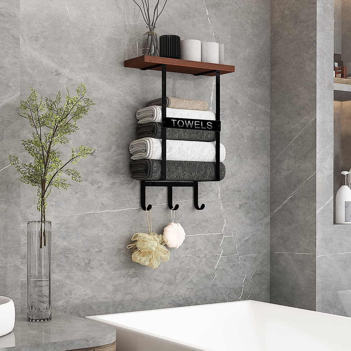 Towel Rack, ZUJJAFY Racks for Bathroom Storage Wall Mounted Holder Decor, Bath Organizer with Wooden Shelf and Hooks Rolled Towels Matte Black With ''Towels'' Logo