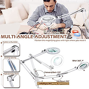5 Inch Magnifying Glass with Light and Stand, TOMSOO 10X Real Glass Lighted Magnifier, Stepless Dimmable 3 Color Modes Adjustable LED Magnifying Desk lamp for Close Work Reading Repair Crafts - White