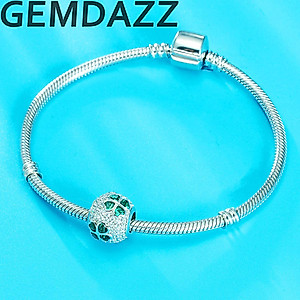 Sparklig Pave Green 4 Leaf Clover Charms in 925 Sterling Silver, Irish Shamrock CZ Round Ball Beads fit Pandora St Patricks Bracelet, Gift for Mothers Day/Valentines