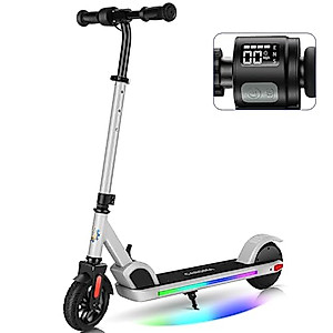Caroma Electric Scooter for Kids Ages 8-12, Max 7 Miles Range and 10 Mph Max Speed, Colorful Rainbow Light, UL2272 Certification, Lightweight Electric Kick Scooter for Kids Boy Girl (Silver)