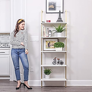 SUPERJARE Modern Ladder Shelf, 5-Tier Open Wall-Mounted Bookshelf with Stable Metal Frame, 72 Inches Storage Rack Shelves, Stand Bookcase for Home Office - White/Gold