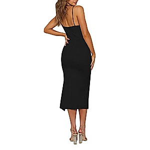 LYANER Women's Spaghetti Straps Split Slit Hem Sleeveless Zipper Bodycon Midi Dress Black Small