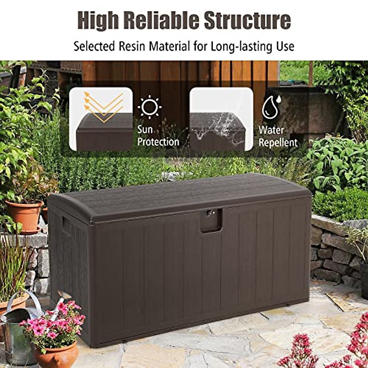 Goplus 105 Gallon Deck Box, Extra Large Resin Storage Box with Lockable Lid for Cushions & Patio Furniture, Water Proof & UV Resistant, Outdoor Weather Resistant Deck Storage Box for Garden Pool Lawn