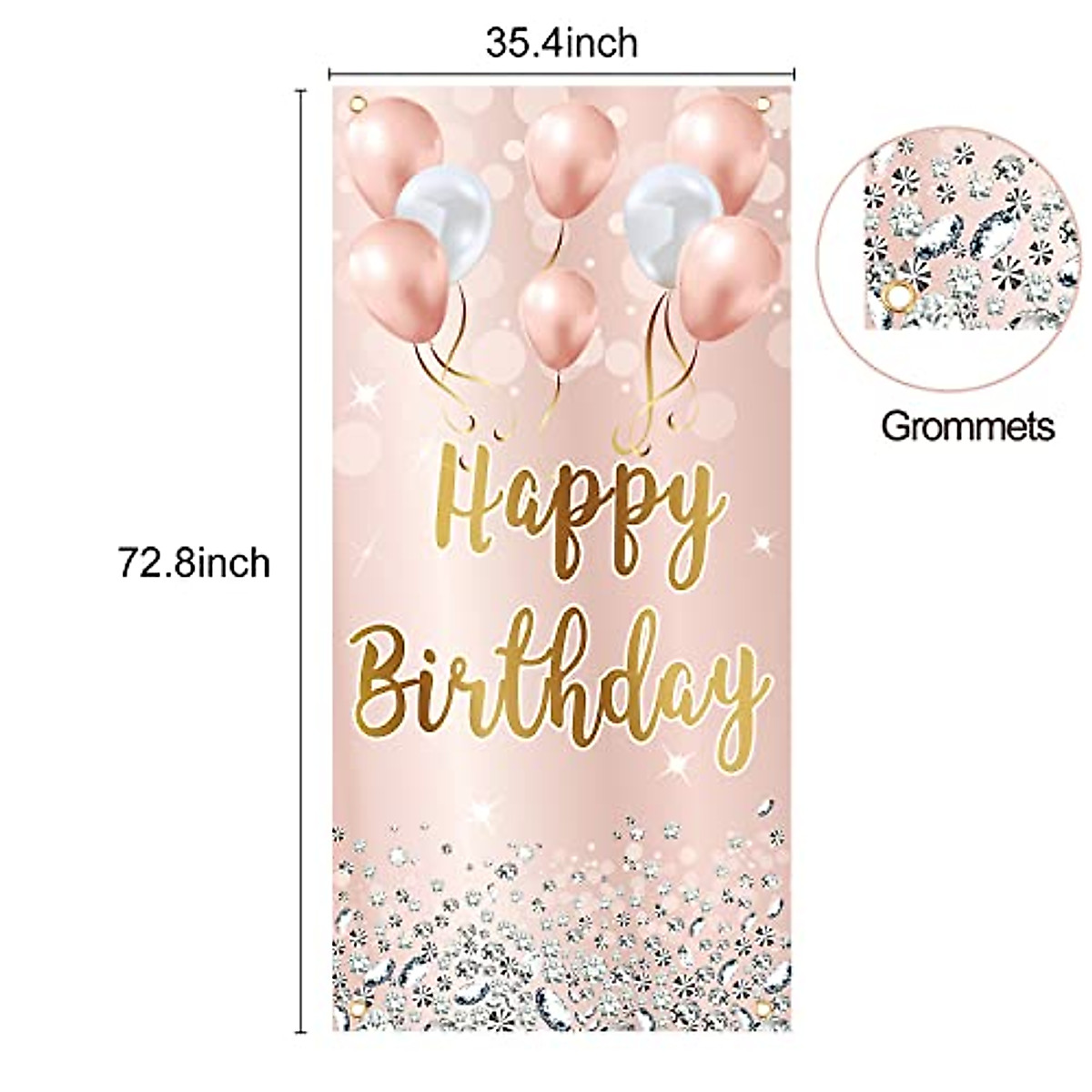 Pink Rose Gold Happy Birthday Door Banner Backdrop Decorations for Women Girls, Happy Birthday Party Door Cover Sign Background Supplies for 16th, 21st, 30th, 40th, 50th, 60th Birthday Décor