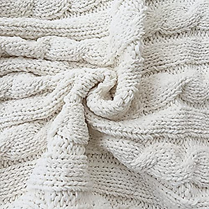 Chenille Chunky Knitted Throw Blanket with 14pcs Pom Poms Tassel Super Soft Cozy Warm Blanket for Sofa Bed Soft Couch 50 x60 inches (White)¡­