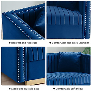 mikibama Luxury Velvet Sofa Set for Living Room, Modern Decor Furniture Channel Sofa Couch and Loveseat with Nailhead Gold Metal Legs and 4 Pillows for Bedroom, Hall, Blue