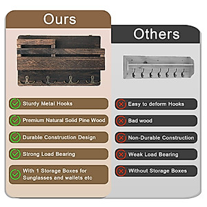 VZONE Wooden Key Holder Wall Mount - Rustic Mail Holder for Wall, Made of Natural Solid Wood Mail Organizer with 4 Double Key Hooks for Entryway, Hallway, Mudroom 11.73" x2.63x7.08