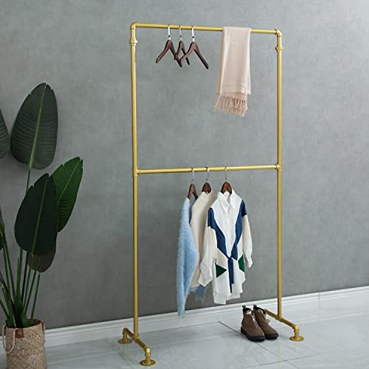 CIVANA 2 Tiers Iron Pipe Clothing Rack, Garment Display Shelf, Commercial Clothes Hanger, Retail Cloth Hanging Bar, Steampunk Style, Gold, 78.7inch