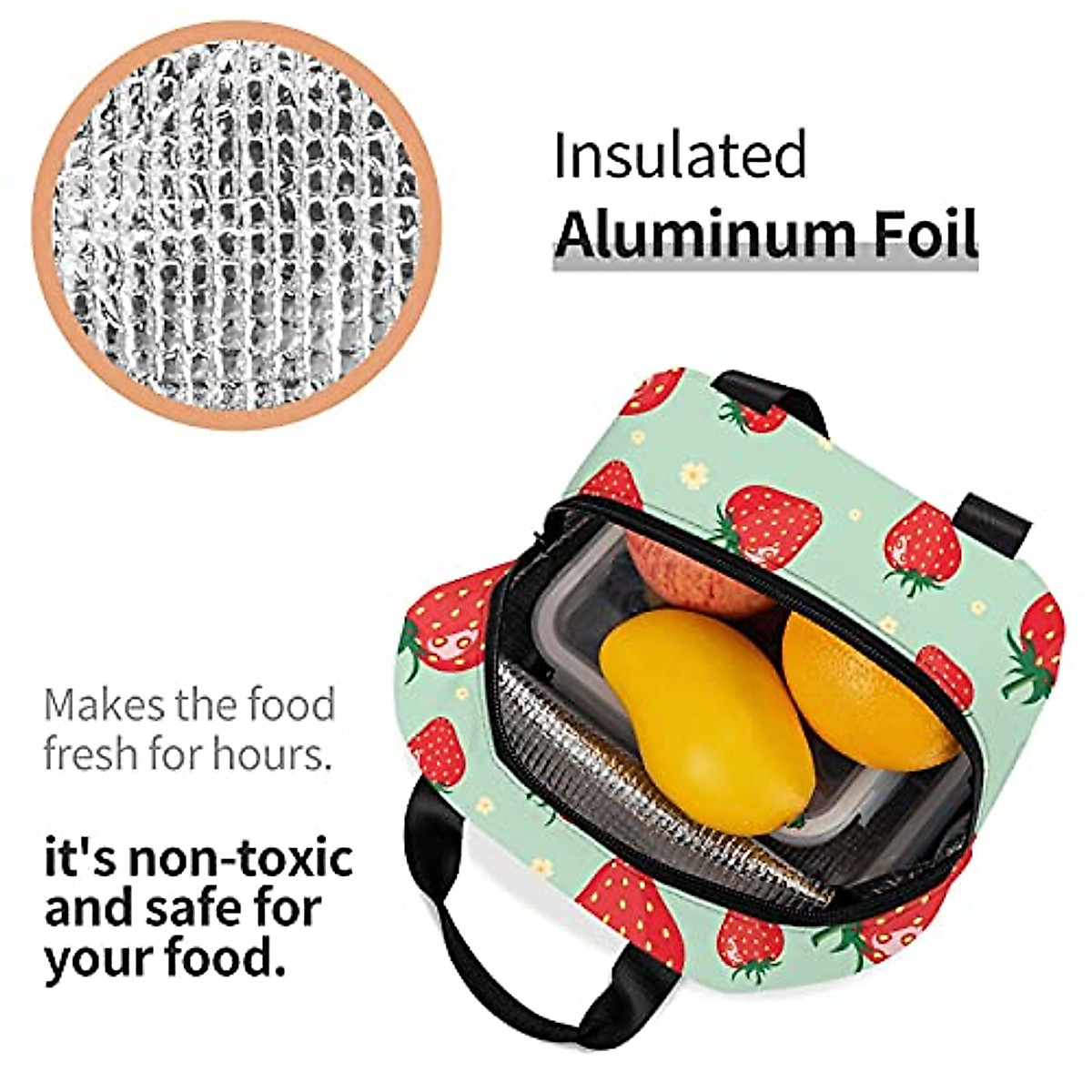 Strawberry Fashion Lunch Box Travel Bag Picnic Bags Insulated Durable Shopping Bag Back To School Reusable Waterproof Bags For Man Woman Girls Boys