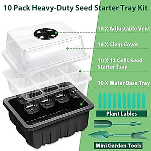 Sfee 10 Pack Seed Starter Tray Kit, 120 Cells Seedling Starter Trays with Humidity Dome and Base Greenhouse Growing Trays, Reusable Seedling Tray with Garden Tools Labels (Black)