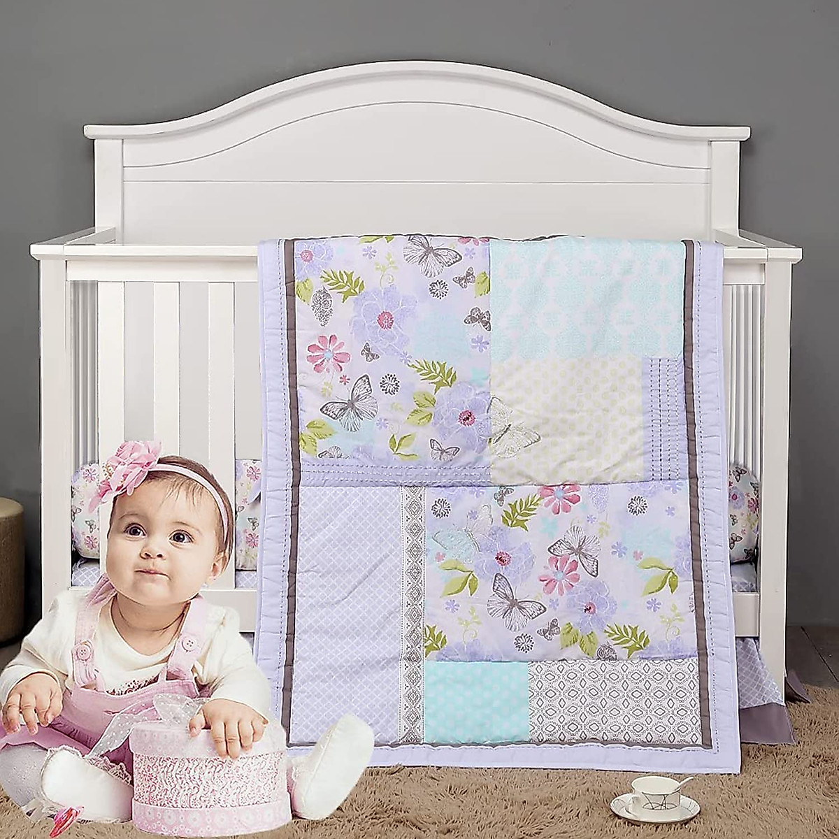Brandream Baby Girl Purple Butterfly Crib Bedding Set Sweet Nursery Bedding 3 Piece Farmhouse Comforter Set,Fitted Sheet, Crib Skirt