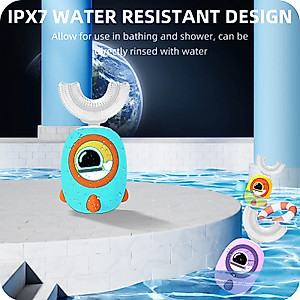 AUITRONCARE Ultrasonic Kids U Shaped Electric Toothbrush, Rechargeable Toddler toothbrushes with 4 Brush Heads, Smart Timer IPX7 Waterproof (Ages 2-12) (Hollow-Blue)