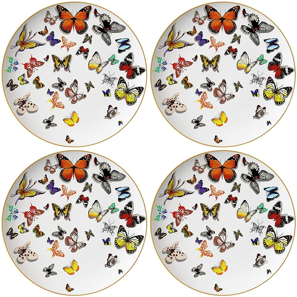 Bone China Plate, Nordic Style 6.5" Butterfly Gold Edge Plate Dessert Plate Ceramic Plate, Household Cutlery Set, Microwave Oven Dishwasher Safe (Size : Set of 4)