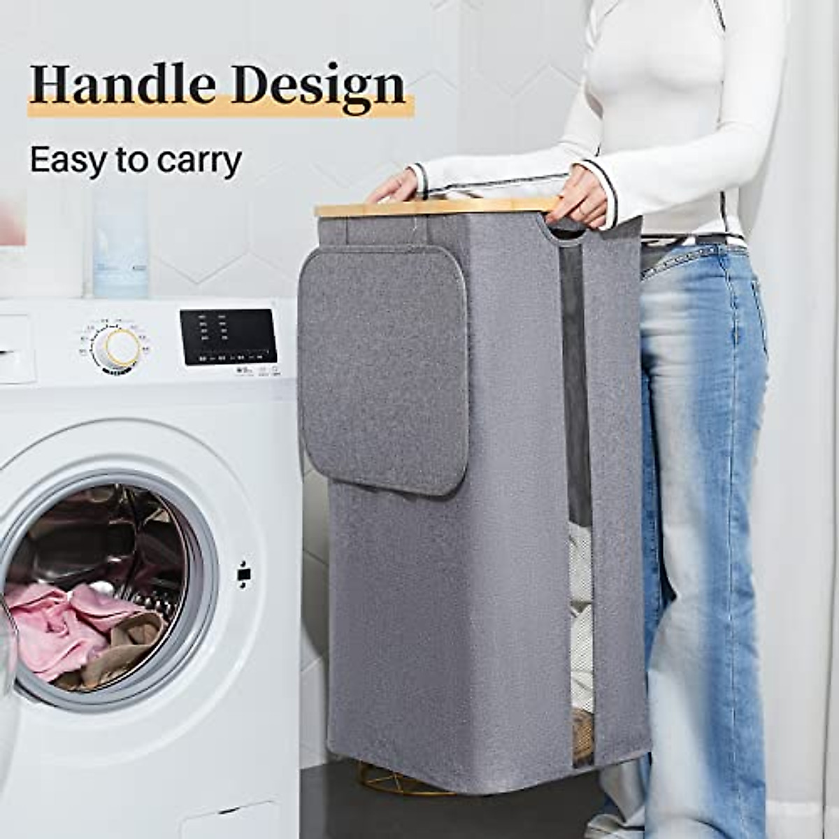 Grey Laundry Hamper with Lid, 100L Large Laundry Basket, Clothes Hamper with Clear Window Visible, Removeable Laundry Bags for Bathroom Bedroom Home, Toy Organizer, Laundry Room