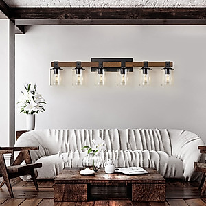 DUJAHMLAND 6-Light Wood Vanity Light,40.5 inch Farmhouse Bathroom Metal Wall Sconce with Cylinder Clear Glass Shade,Industrial Wall Light Fixtures for Hallway,Kitchen,Bedroom(Wood, 6-Light)