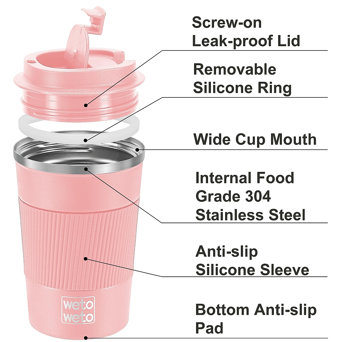 WETOWETO 12 oz Insulated Coffee Cup, Spill Proof Travel Coffee Mug, Vacuum Stainless Steel Coffee Tumbler, Coffee Mug with Lid, Portable Thermal Mug, Reusable Travel Coffee Cup(Pink)
