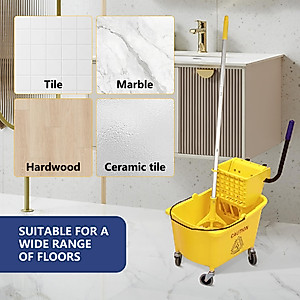 35Qt. Side-Press Mop Bucket and Wringer Combo on Wheels, Yellow, for Floor Cleaning/Wet Mopping,Including One Commercial Mop and Wet Floor Caution Sign (24inch)