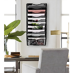 EasyPAG Mesh Wall File Holder 10 Pocket Assembly Office Hanging File Folder Organizer Magazine Rack Mail Sorter Bin | Nametag Label Included, Black