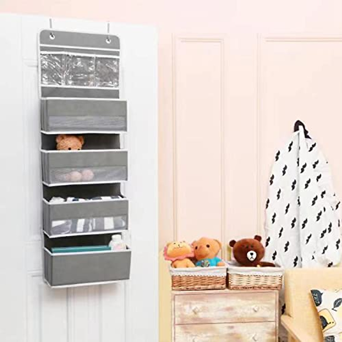 HLONGG Sturdy Door Hanging Organizer,Behind The Door Storage Organizer with Door Hook and Large Clear Windows, Hanging Wall File Organizer ,(Grey, 1 Pack)