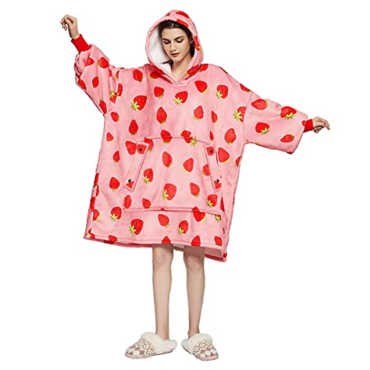 Hysunland Strawberry Wearable Blankets for Women Oversized Hoodie Sweatshirt with Kangaroo Pocket