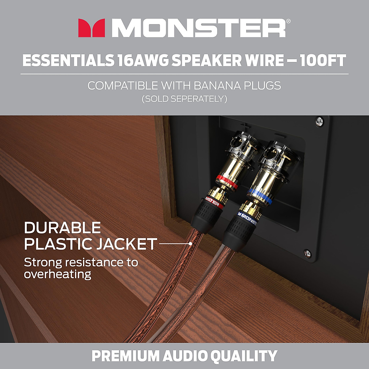 Monster Essentials High Performance Speaker Wire 16 Gauge Copper Clad Aluminum (CCA) Speaker Cable 100 FT Spool – Ideal Home Cinema Speaker Wire Cable and Car Audio Speaker Cables/Speaker Wires